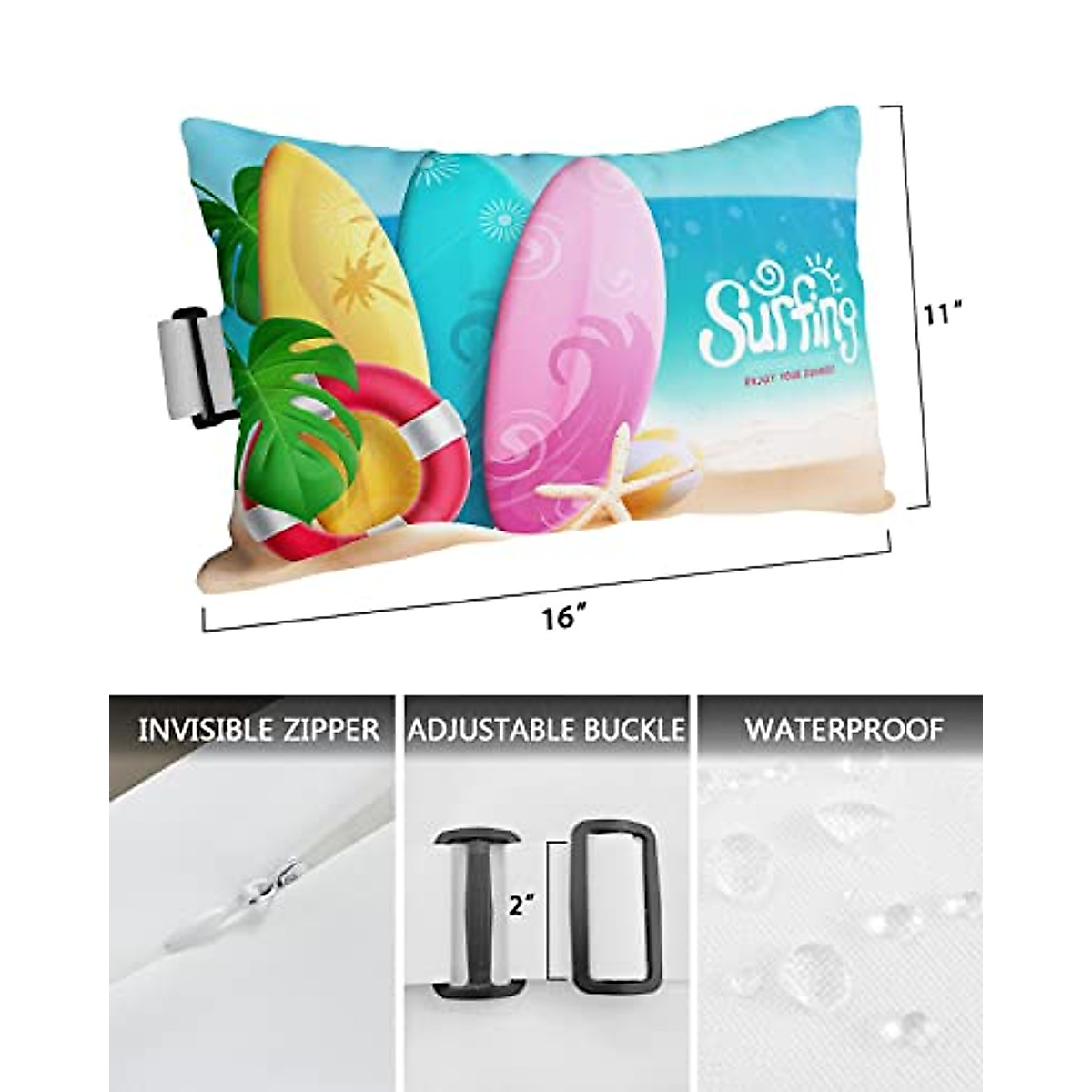 Recliner Head Pillow Ledge Loungers Chair Pillows with Insert Summer Beach Surfboard Aqua Wood Grain Lumbar Pillow with Adjustable Strap Outdoor Waterproof Patio Pillows for Beach Pool Chair, 2 PCS