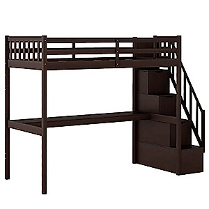 KLMM Twin Size Solid Wood Loft Bed with Staircase and Built-in Desk/Safety Guard Rail/Storage Drawers, No Box Spring Needed (Espresso + Pine@!)