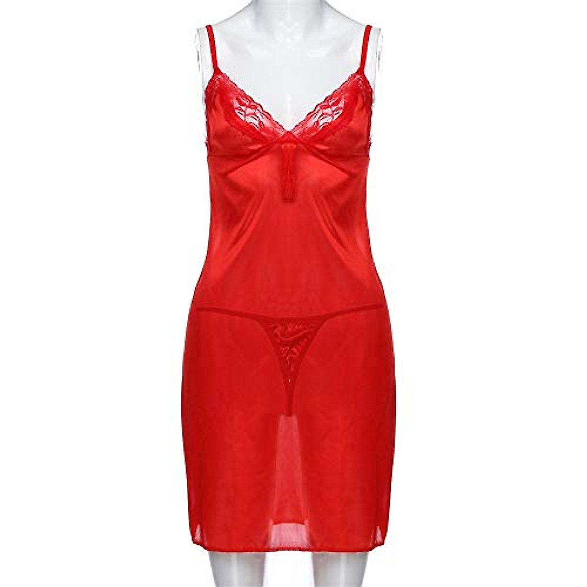 Atezch_ Womens Cami Nightdress + Panty Set, Babydoll Sleepwear Underwear Sexy Babydoll Lace Sleep Dress (Red, One Size)