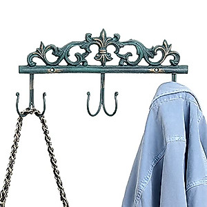 MyGift Wall Mounted Rustic Turquoise Metal Coat Rack, Decorative Vintage Style Entryway Storage Hooks for Hats, Coats, Keys