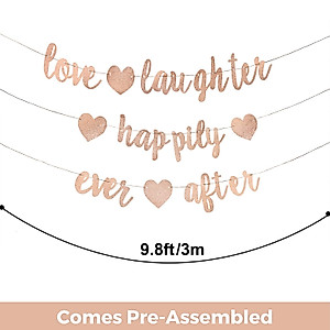3Pcs Rose Gold Glitter Love Laughter and Happily Ever After Banner - Wedding Shower Decorations - Bridal Shower Decorations - Bachelorette, Bridal & Engagement Party Decorations (Pre-Strung Signs)