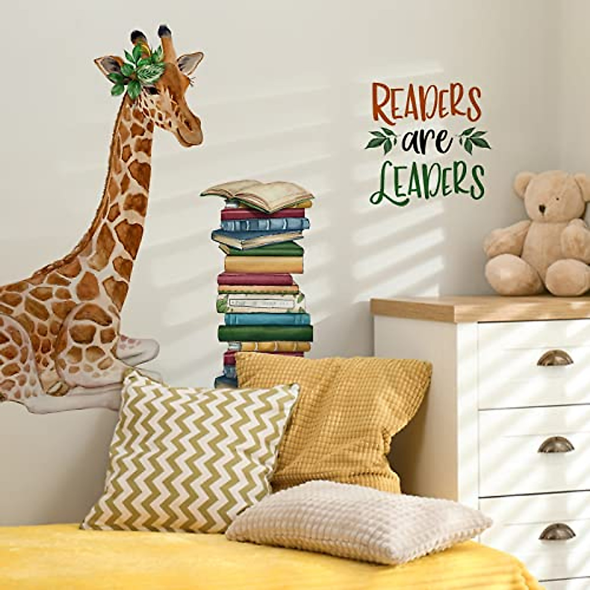 Mfault Giraffe Reading Corner Baby Boys Girls Wall Decals Stickers, Readers are Leaders Woodland Animals Read Books Nursery Playroom Decorations Bedroom Classroom Art, Kids Library Toddler Room Decor