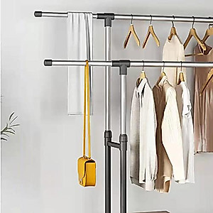 Double Rod Portable Clothing Hanging Garment Rack, Rolling Clothes Organizer, Height Adjustable Clothing Hanger Organizer with Lockable Wheels, for Hanging Clothes