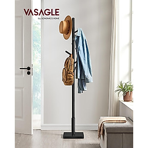 VASAGLE Solid Wood Coat Rack, Free Standing Hall Coat Tree with 8 Hooks, 3 Height Options, for Coats, Hats, Bags, Purses, for Entryway, Hallway, Rubberwood Hooks and Pole, Ink Black URCR010B01