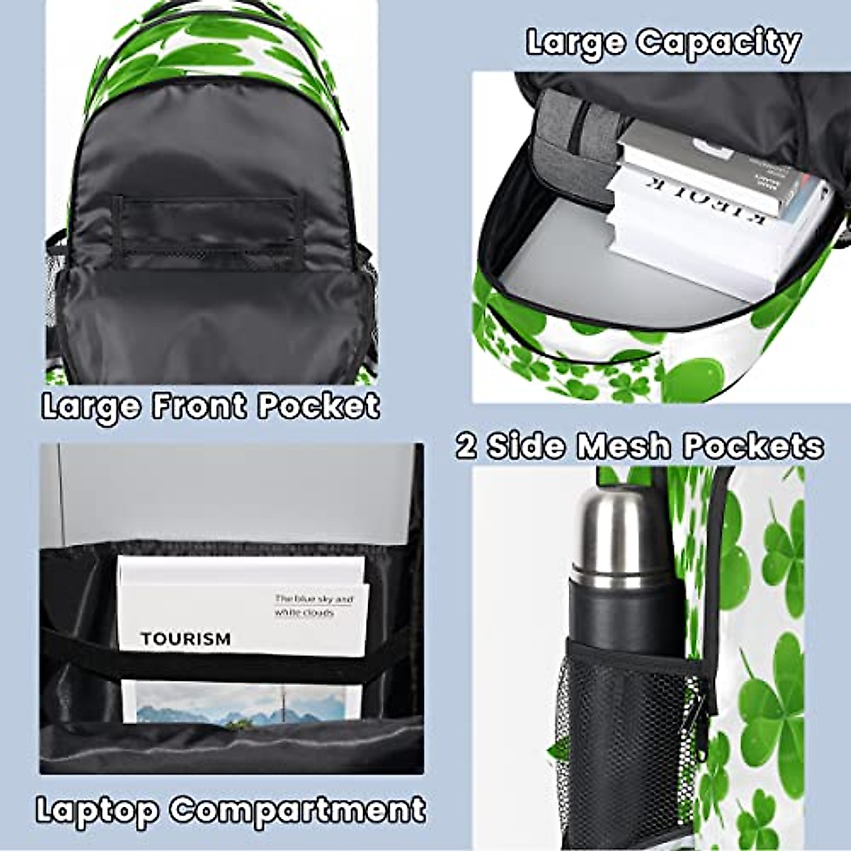 St. Patrick's Day School Backpack for Boys Girls Teens, Shamrock Clover Laptop Backpack Middle School Elementary Bookbags Casual Travel Daypack with Reflective Strip
