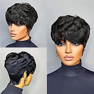 Evasens Pixie Cut Wigs Human Hair Short Wigs for Black Women Human Hair Pixie wig with Bangs Short Black Wig Layered Wigs Daily Wear (1B#ZZ)