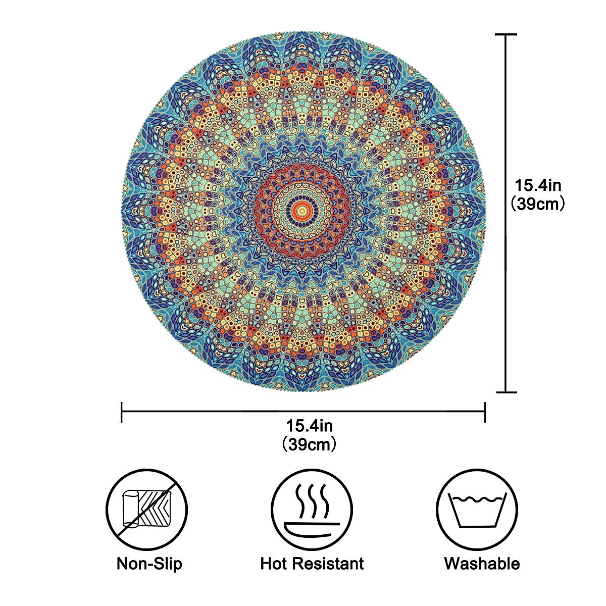 Qilmy Mandala Round Placemats Non-Slip Washable Polyester Table Mats Set of 4 Heat Resistant Placemats for Kitchen Dining Table Decoration