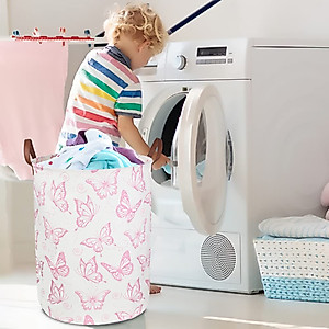 CLOCOR Pink Laundry Basket,Waterproof Nursery Hamper for Baby Girl ,Collapsible Storage Baskets for Girls Bedroom,Kids Toys Storage Bin,Room Decor,Gift Basket（Pink Butterfly