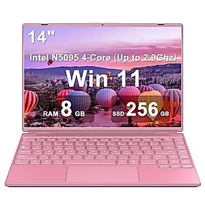 Ruzava/Aocwei 14" Laptop 8GB DDR4 256GB SSD Celeron Intel N5095 (Up to 2.9Ghz) 4-Core Win 11 PC with Cooling Fan 1920 * 1200 2K FHD Screen Dual WiFi Support 1TB SSD Expand for Game Work Study-Pink
