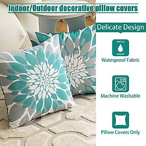 Qahing Pack of 4 Outdoor Waterproof Pillow Covers 24x24 Decorative Outdoor Throw Pillows Garden Square Cushion Cases for Patio Furniture, Couch, Tent Sunbrella, Bench, Teal Turquoise Grey