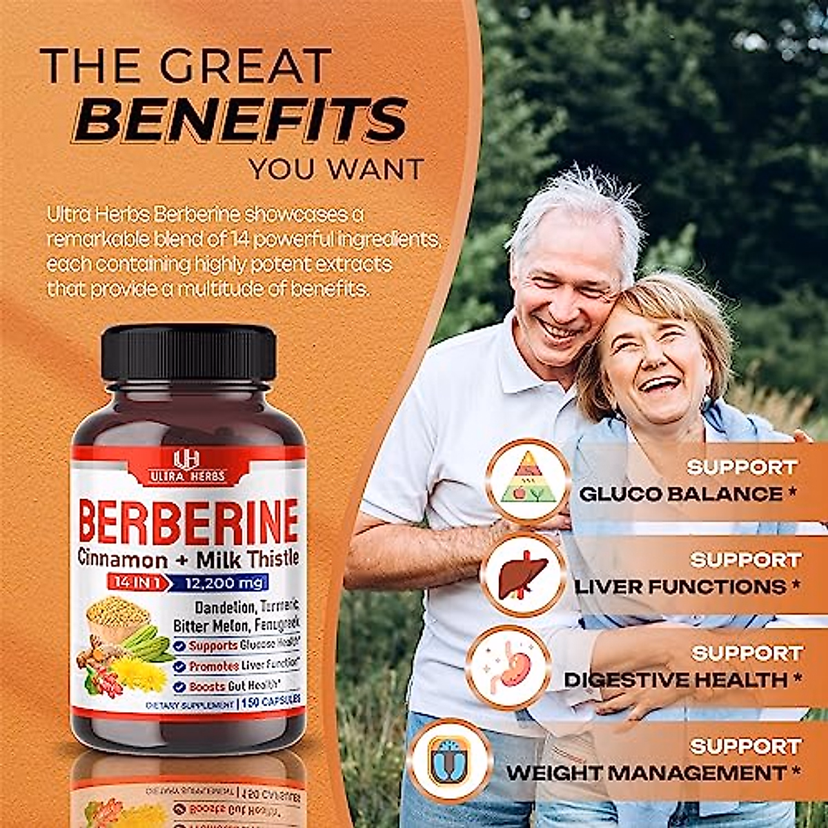 Ultra Herbs Premium Berberine 12,200MG with Cinnamon, Milk Thistle *USA Made & Test* Promotes Liver Function, Gut Health, Immunity (150 Count (Pack of 1))