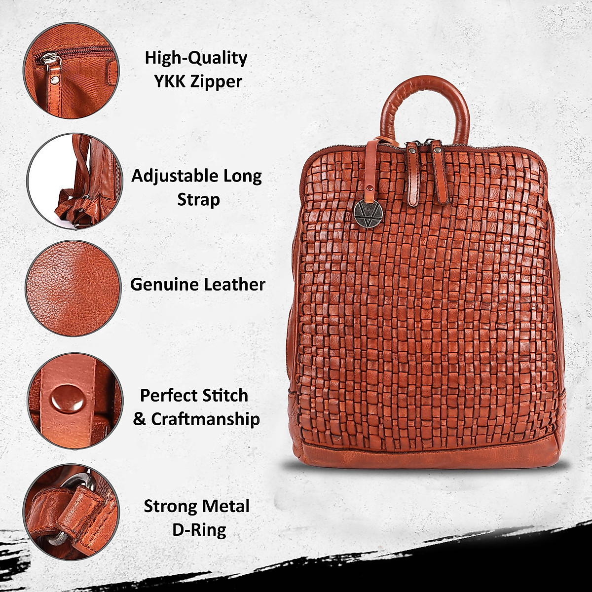 VILENCA HOLLAND 12.5 Inch Genuine Leather Backpack for Women and Men, Cognac Leather Backpack with Adjustable Shoulder Strap