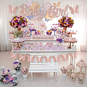 Butterfly Baby Shower Decorations for Girl Butterfly Baby Shower Banner Butterfly Glitter Garland Rose Gold Butterfly Garden Baby Shower Decorations for Girl Spring Theme Party, Home Room Decor