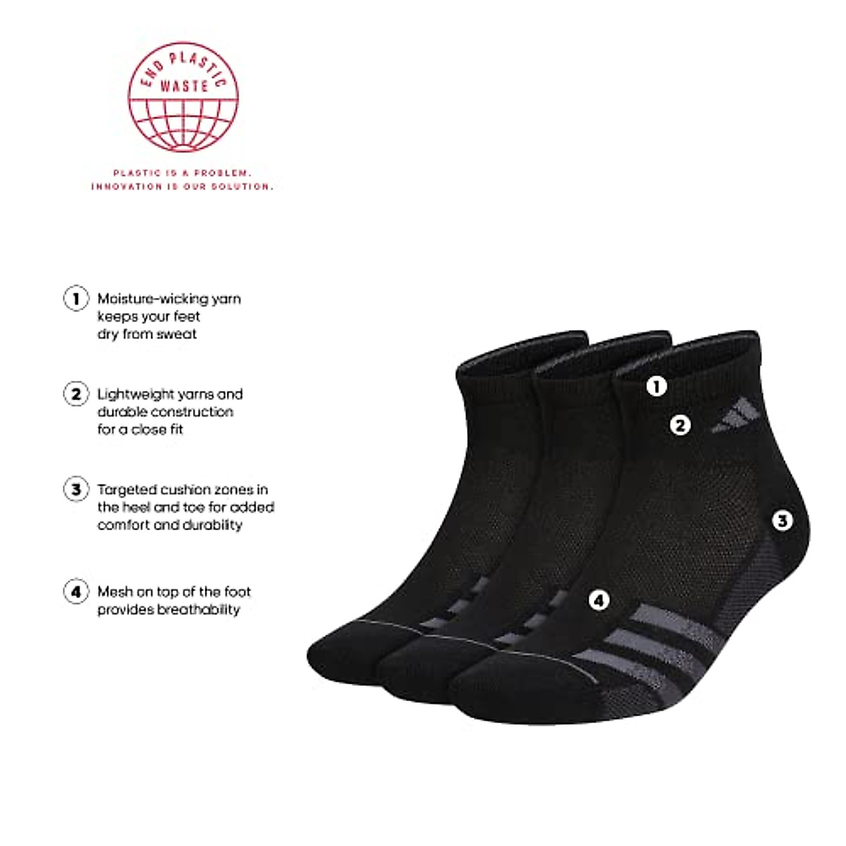 adidas Men's Superlite Stripe 3 Quarter Socks (3-Pair), Black/Night Grey/Onix Grey, Large