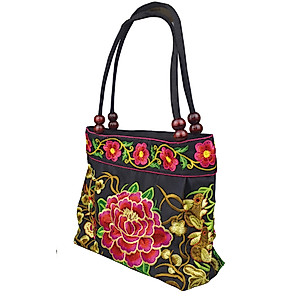 Women's Unique Vintage Hobo Tote Bags Red Peony Floral Embroidered Shoulder Handbags Bags for Lady