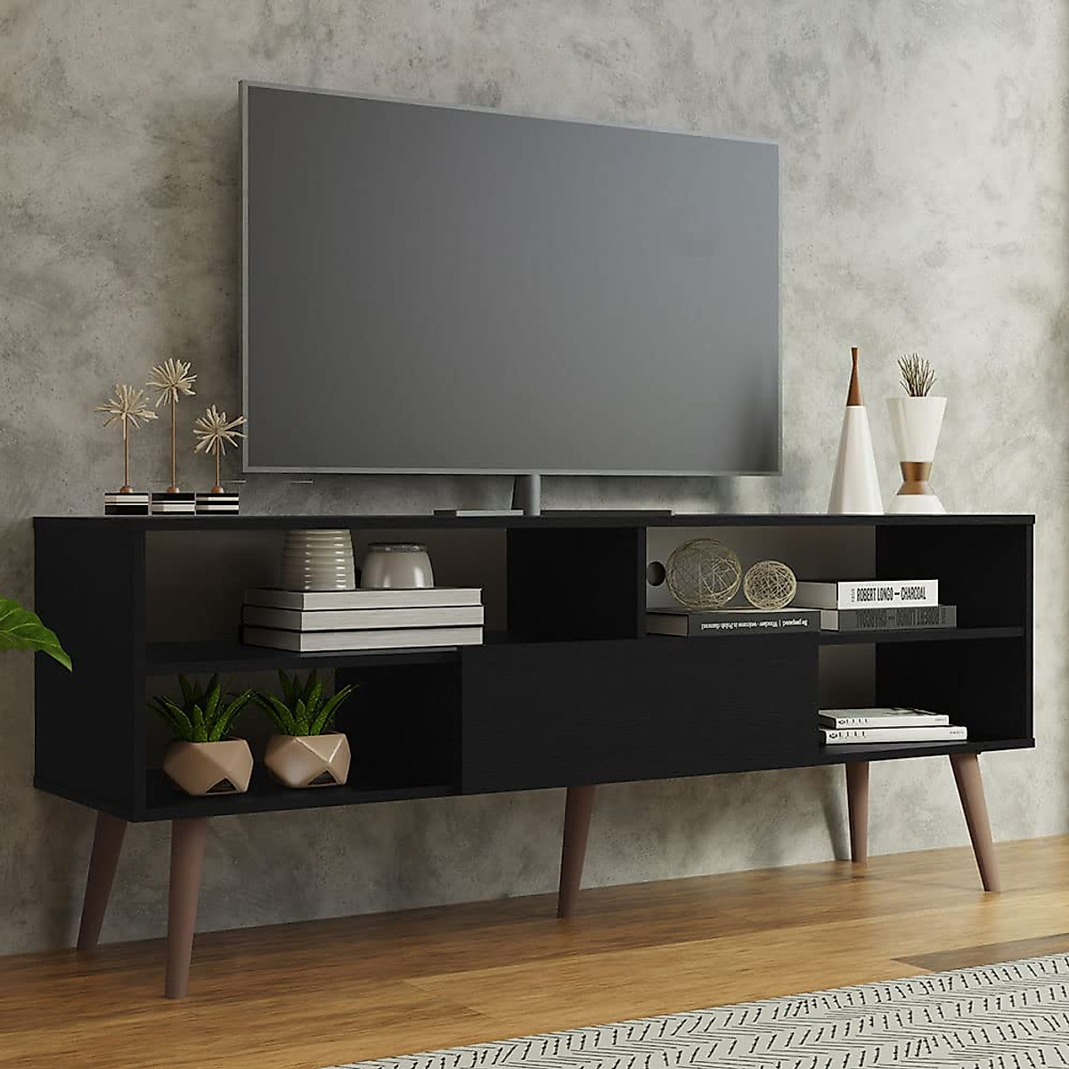 Madesa Modern TV Stand with 1 Door and 4 Shelves with Cable Management for 55, 65 Inch Media Storage Media Console Living Room and Bedroom Entertainment Center Wooden Television Cabinet - Black