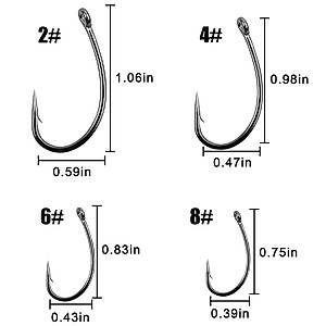 OROOTL Carp Fishing Hooks, 180pcs Barb Carp Hooks Curved Shank Circle Fishing Hooks for Hair Rigs Carp Fishing Tackle Freshwater Saltwater Barbed Fish Hook Size 2 4 6 8