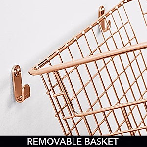 mDesign Portable Metal Farmhouse Wall Storage Organizer Basket Bin - Handles for Hanging in Entryway, Mudroom, Bedroom, Bathroom, Laundry Room - Wall Mount Hooks Included, Medium - 2 Pack - Rose Gold