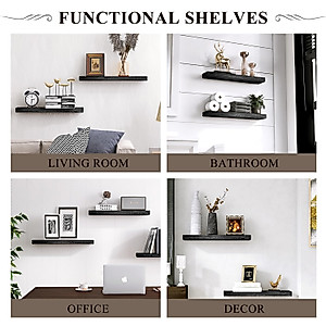 SAUCE ZHAN Floating Shelves Rustic Natural Wood Wall Shelf Open Shelving Farmhouse Live Edge Light Wooden Wall Mounted Decor for Bathroom, Living Room, Bedroom, Kitchen Set of 2 (Black, 16 inch)