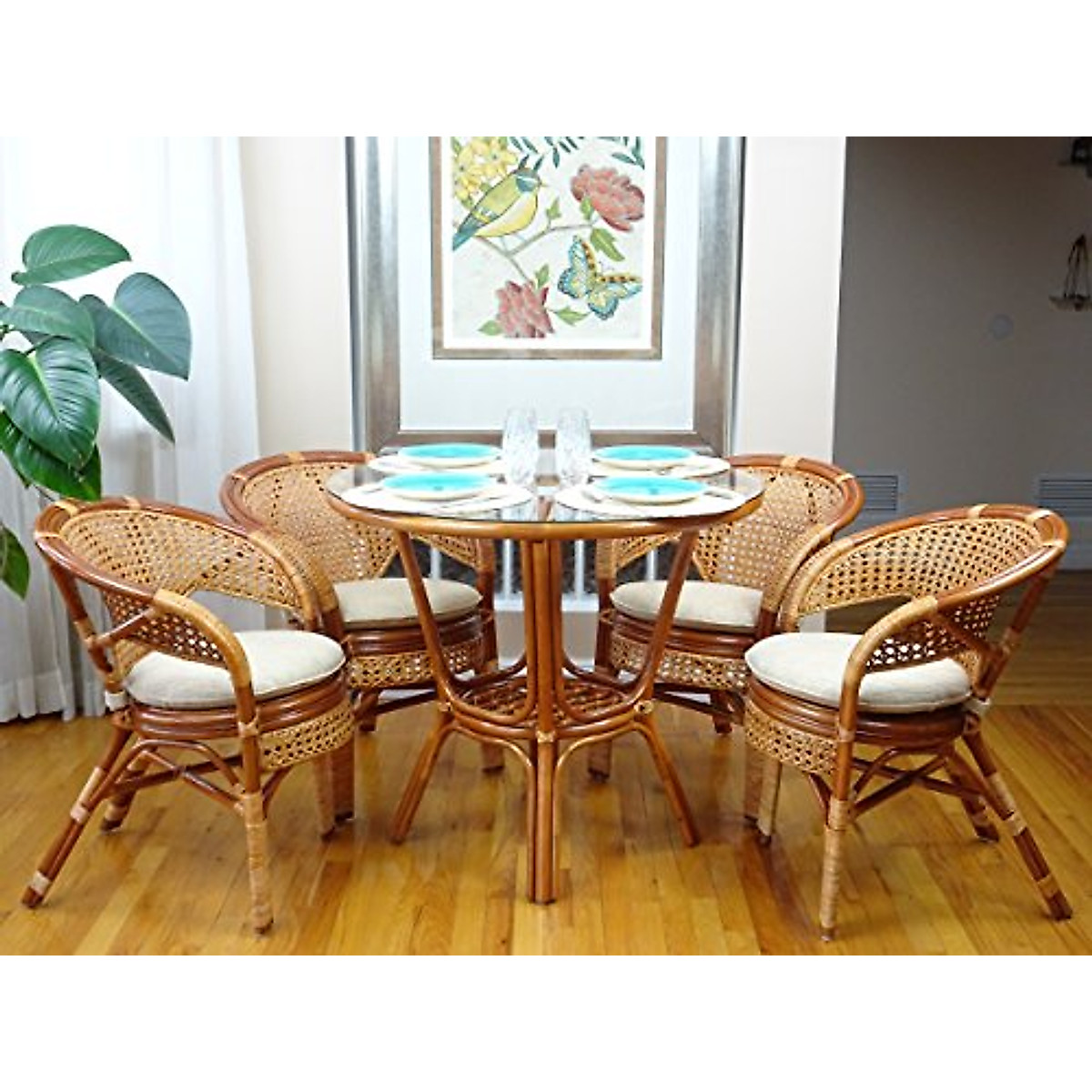 5-Pc Pelangi Rattan Wicker Dining Set with Round Table Glass Top + 4 Arm Chairs, Colonial Color