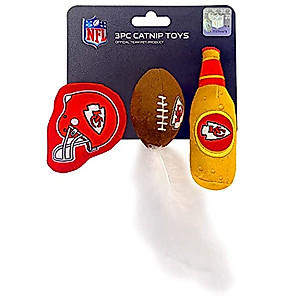 BEST PLUSH CAT TOY: NFL KANSAS CITY CHIEFS Complete Set of 3 piece Cat Toys filled with Fresh Catnip. Includes: 1 Helmet Cat Toy, 1 Football Cat Toy with Feathers & 1 Beer Bottle. Beautiful Team LOGOS