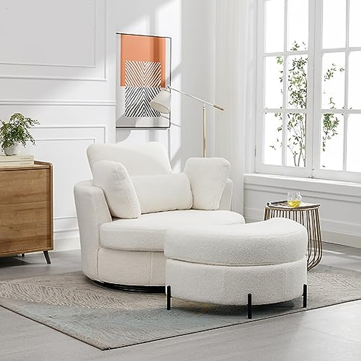 360° Swivel Accent Barrel Chair and Half Crescent Moon Storage Bench Large Ottoman with 4 Pillows,Upholstered Oversized Leisure Round Loveseat Recliner Sofa Chaise Lounge Circle Armchair for Club