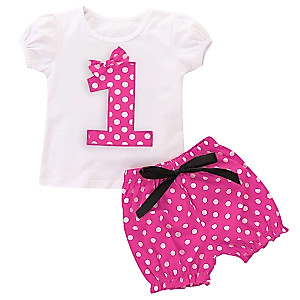 ODASDO Infant Baby Girl 1st First Birthday Cake Smash Outfit Cotton Short Sleeve T-shirt Top Polka Dots Shorts Pants Ear Bowknot Headband 3pcs Clothes Set Photo Props Hot Pink 12-18 Months