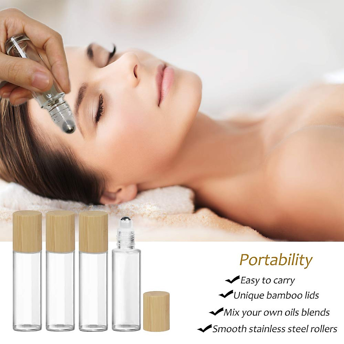 Glass Roll On Bottle with Bamboo Lid for Essential Oils, Creatiee Eco-friendly Refillable Clear Perfume Sample Bottles with Stainless Steel Roller Ball - Portable & Practical (12Pcs 15ml Clear)