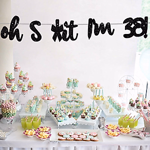 Oh I’m 38! Banner Backdrop Glitter Black Hallo Thirty Eight Cheers to 38 Years Old Theme Decor for Man Woman Happy 38th Birthday Party Photo Studio Prop Kit Flag Decorations Favors Supplies