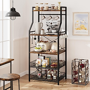 IDEALHOUSE Kitchen Bakers Rack, Microwave Oven Stand with 2 Large Wire Basket, Industrial Coffee Bar Station, 5-Tier Kitchen Utility Storage Shelf with 8 Hooks for Spice, Pots Organizer, Rustic Brown