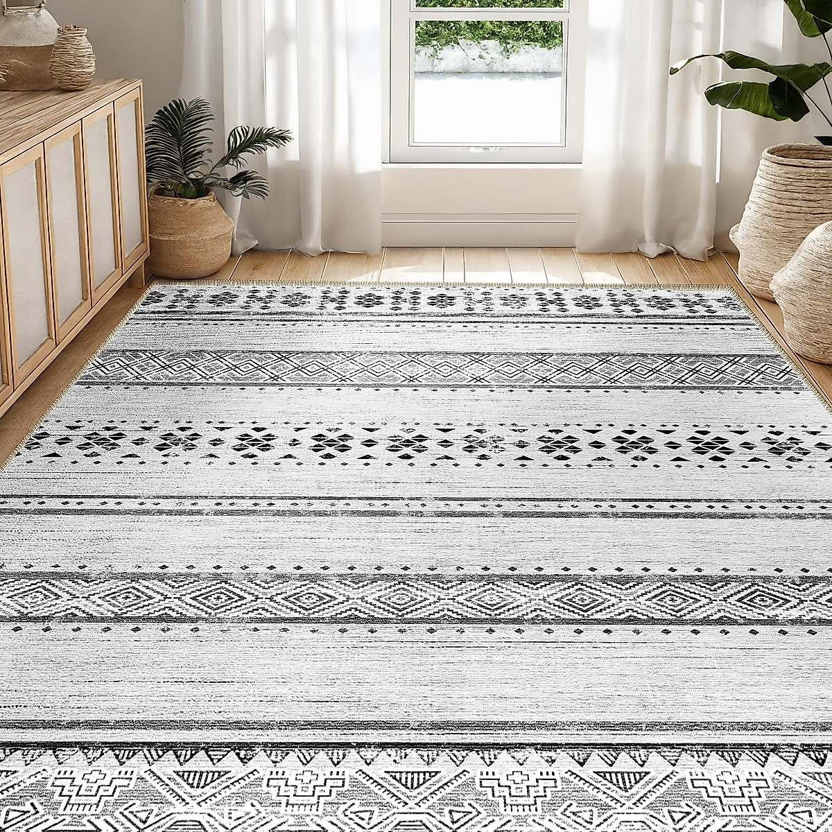 BESTSWEETIE 8x10 Area Rugs for Living Room Washable Moroccan Farmhouse Neutral Geometric Low Pile Non-Slip Soft Print Pattern Rug for Bedroom Kitchen Dining Room Entryway Grey/Black/Navy