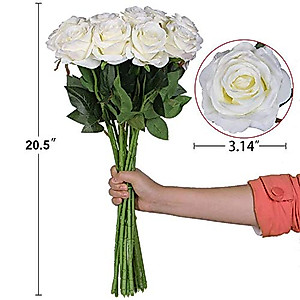 Amzali Artificial Flowers, Real Looking Blush Fake Rose Long Stem Silk Artificial Rose Flowers Home Decor for Bridal Wedding Bouquet, Centerpieces Birthday Flower Party Garden floral Arrangement White