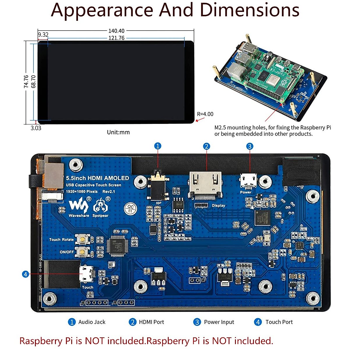waveshare 5.5inch HDMI AMOLED Display 1080x1920 Resolution Capacitive Touch Screen with Toughened Glass Cover 6H Hardness for Raspberry Pi 4B/3B+/3B/2B/Zero/Zero W and Jetson Nano,PC,Multi Systems