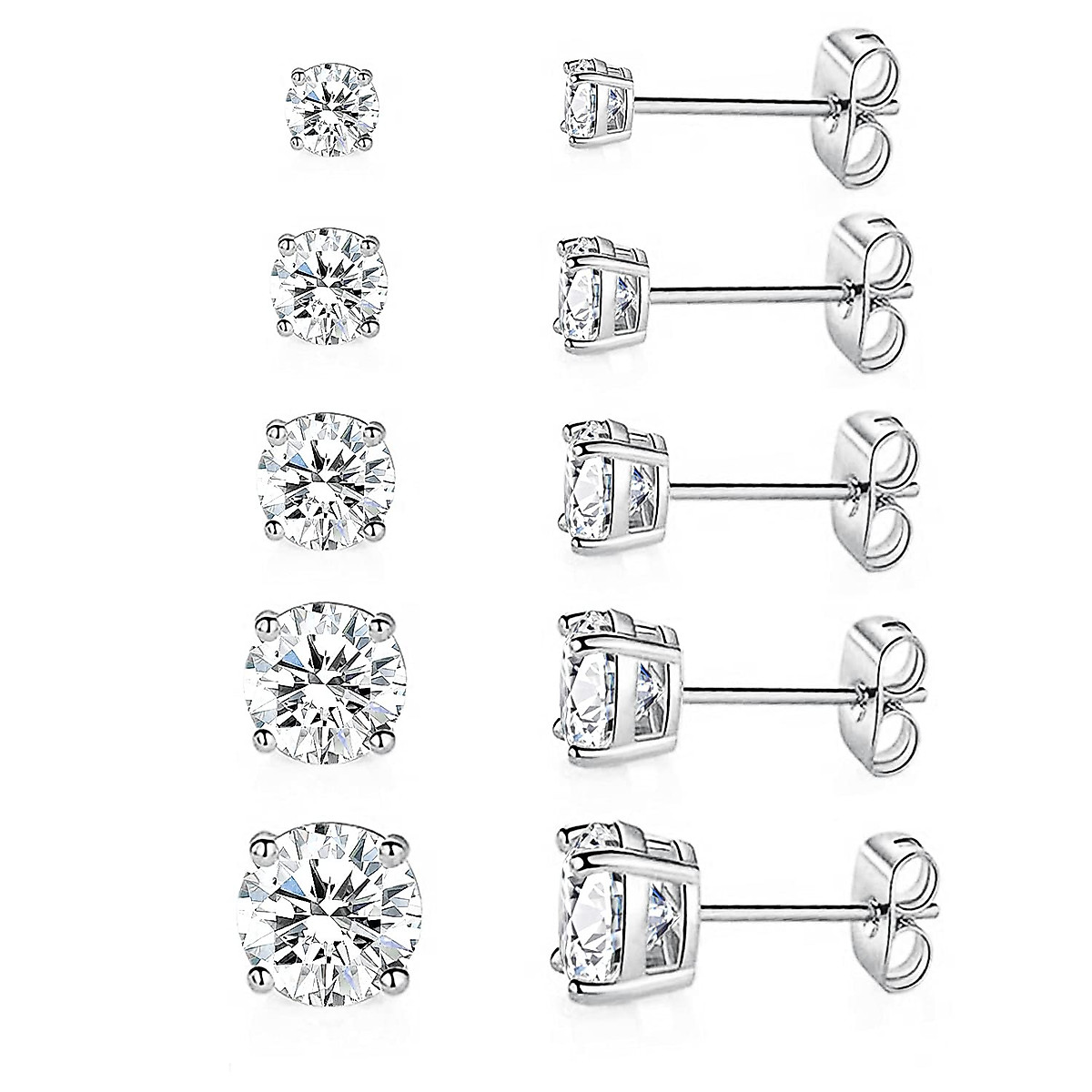 18K Gold Plated 4 Prong Graduated Round Clear Cubic Zirconia Stud Earring Set for Women (5 Pairs) (A-white gold plated)