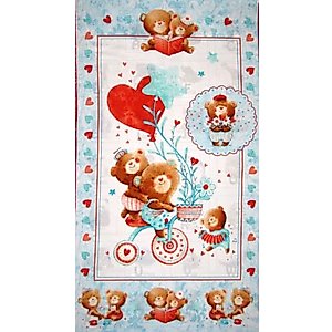FlashPhoenix Quality Sewing Fabric –Puffy Teddy Bear Bicycle Reading Bears Heart 100% Cotton Fabric 24x44 Panel