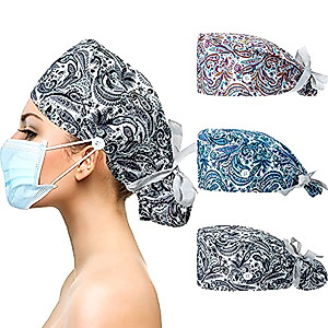 Geyoga 3 Pieces Adjustable Bouffant Hats with Buttons, Tie Back Hats with Sweatband for Women Men