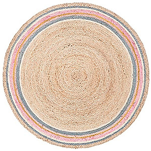 SAFAVIEH Natural Fiber Round Collection 3' Round Fuchsia / Beige NF806R Handmade Boho Charm Braided Jute Area Rug