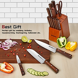 Knife Set, 15 Pieces Kitchen German High Carbon Stainless Steel Knife Set with Red Elm Wood Block, Classic Triple Rivet Chef Knife, Best Gift…