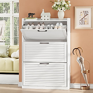 Maupvit Shoe Storage Cabinet with 3 Flip Louvered Doors, Freestanding Organizer with Metal Hinges, Shoe Cabinet for Entryway, Narrow Shoe Rack Cabinet, White