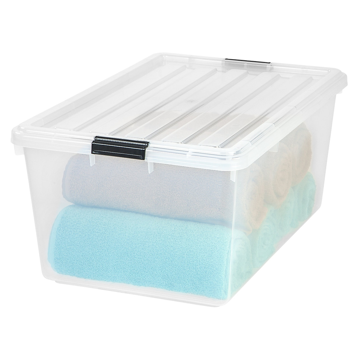 IRIS USA 68 Qt. Large Storage Bin with Buckle Down Lid, 1-Pack, Sturdy and Versatile Organizer Utility Tote Container Box for Seasonal Clothes Blankets Decoration Long Term Storage, Clear