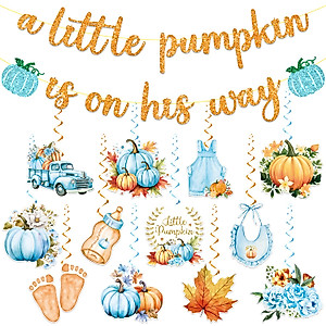 Little Pumpkin Baby Shower Decorations for Boy, Fall Blue Gender Reveal Decor, A Little Pumpkin Is on His Way Baby Shower Banner and Pumpkin Hanging Swirls