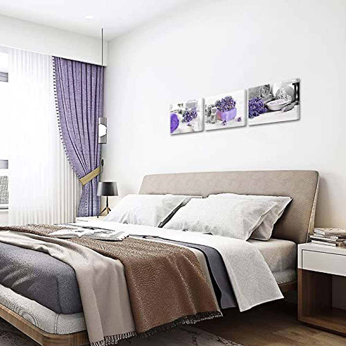 SkenoArt 3 Piece Black and White Wall Art Purple Lavender Flower Pictures Spa Treatment Salt and Towel Artwork Print on Canvas for Bathroom Salon Spa Room Decoration Framed Ready to Hang 12"x16"x3pcs