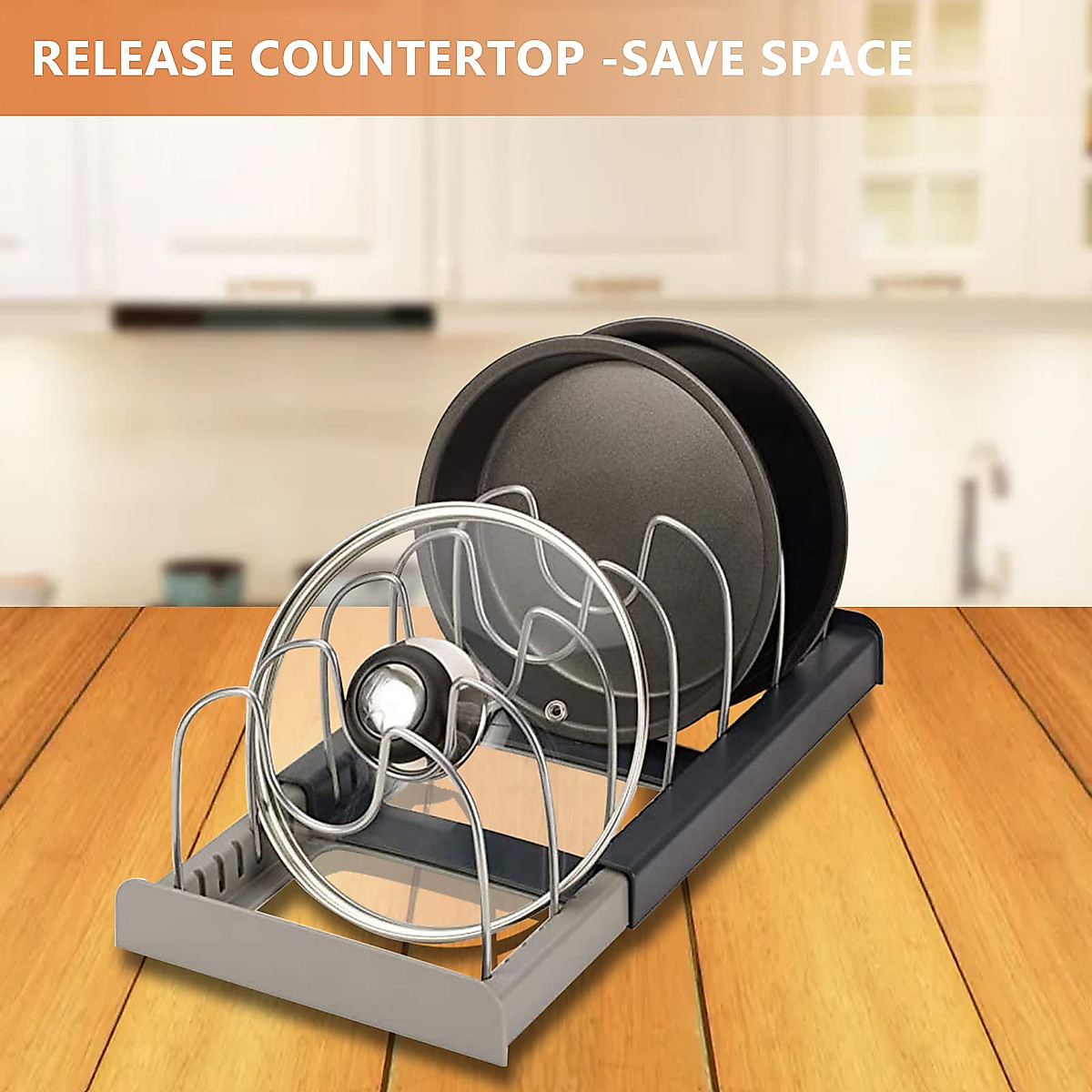 Expandable Pot Pan Lid Organizer Rack Holder with 7 Adjustable Dividers Stainless Steel Storage Rack Kitchen Organizer Holder Cabinet Countertop Pan Lid Holder with 2 Hooks