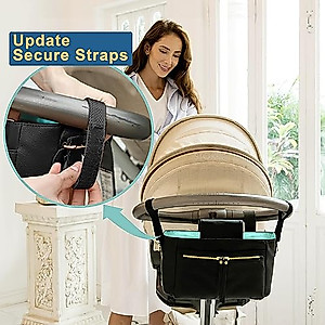 MOMINSIDE Stroller Organizer with Insulated Cup Holders, 10 Pockets Stroller Accessories Leather, Universal Stroller Caddy, Adjustable Straps, Zippered Pocket, Fit All Strollers (Black)