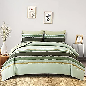 MMCLL King Size Comforter Set, 7 Piece Green Striped Bed in a Bag, Lightweight Comforter Sets with Sheets and Pillows, Soft Microfiber Complete Bedding Set for All Season(104"X90")