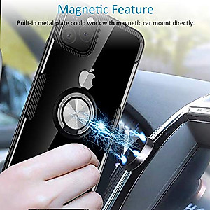 Designed for iPhone 11 Pro Max Case 6.5 inch, Carbon Fiber Design Clear Crystal Anti-Scratch Case with 360 Degree Rotation Ring Kickstand(Work with Magnetic Car Mount) for iPhone 11 Pro Max,Black