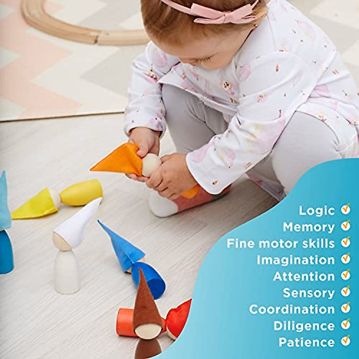 Ulanik Large Peg Dolls with Hats Toddler Montessori Toys for 3 Year Old + Kids Wooden Waldorf Dolls for Learning Color Sorting and Counting — 12 Gnomes, 3.35 in