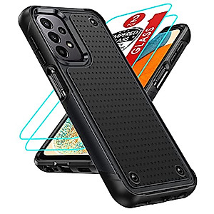 LeYi for Samsung Galaxy A13-5G Case: Samsung [A32] [A23] [A04S] Case with 2 Pack Tempered Glass Screen Protectors, Heavy Duty Shockproof Hard PC Textured Back Phone Case for Women Men, Black