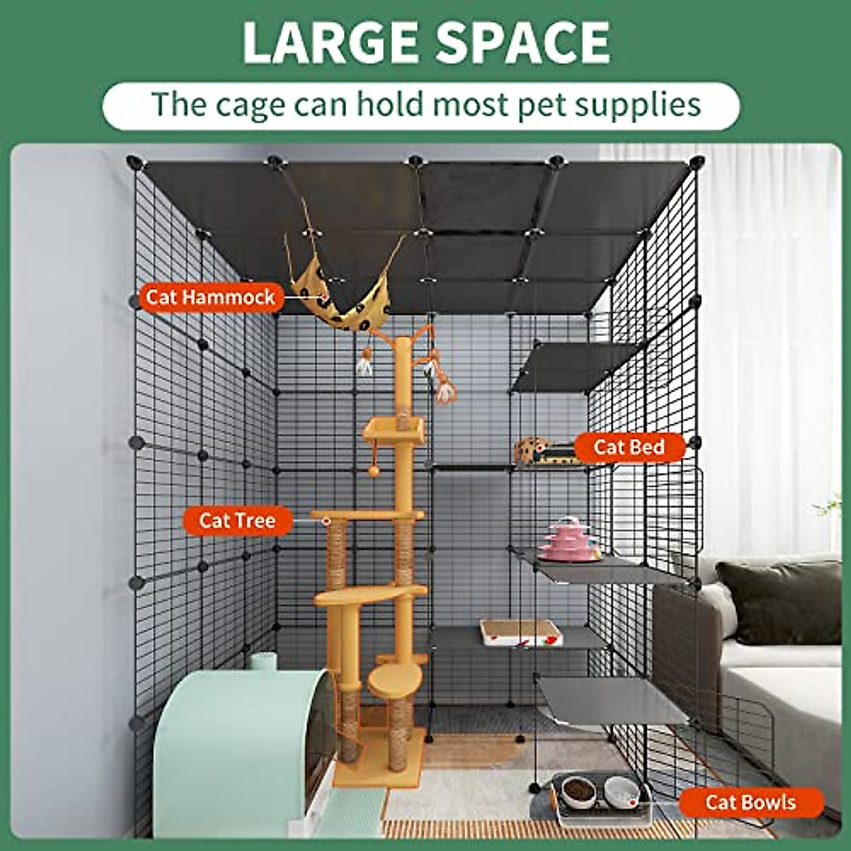 Eiiel Large Cat Cage Indoor Cat Playpen Metal Wire Kennels Crate Ideal for 1-4 Cats, 54 L x 41W x 69 H Inch, Black