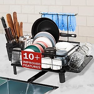 KitchNcure Large Dish Drying Rack for Kitchen Counter - Adjustable Height Dish Rack Over Sink with 12" Extended Spout & 4-Channel Drainboard - Kitchen Sink Organizer with Utensil Holder & Cup Hangers